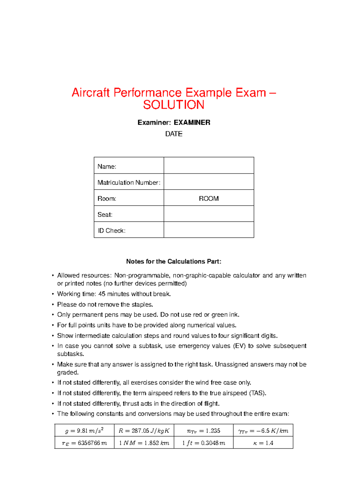 AP Example Exam Calc Solution - Aircraft Performance Example Exam ...