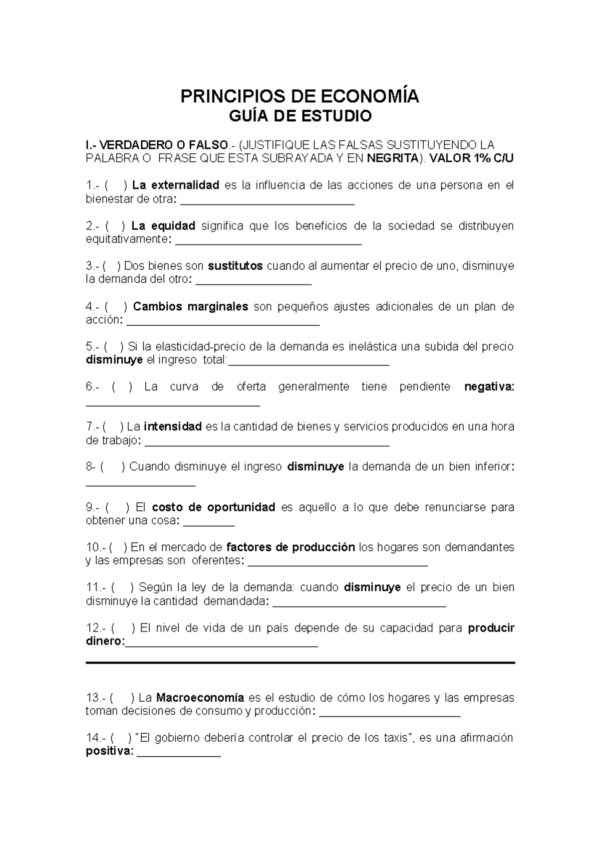 GUIA DE Principios DE Economía - PRINCIPIOS DE ECONOMÍA GUÍA DE ESTUDIO I.- VERDADERO O FALSO ...