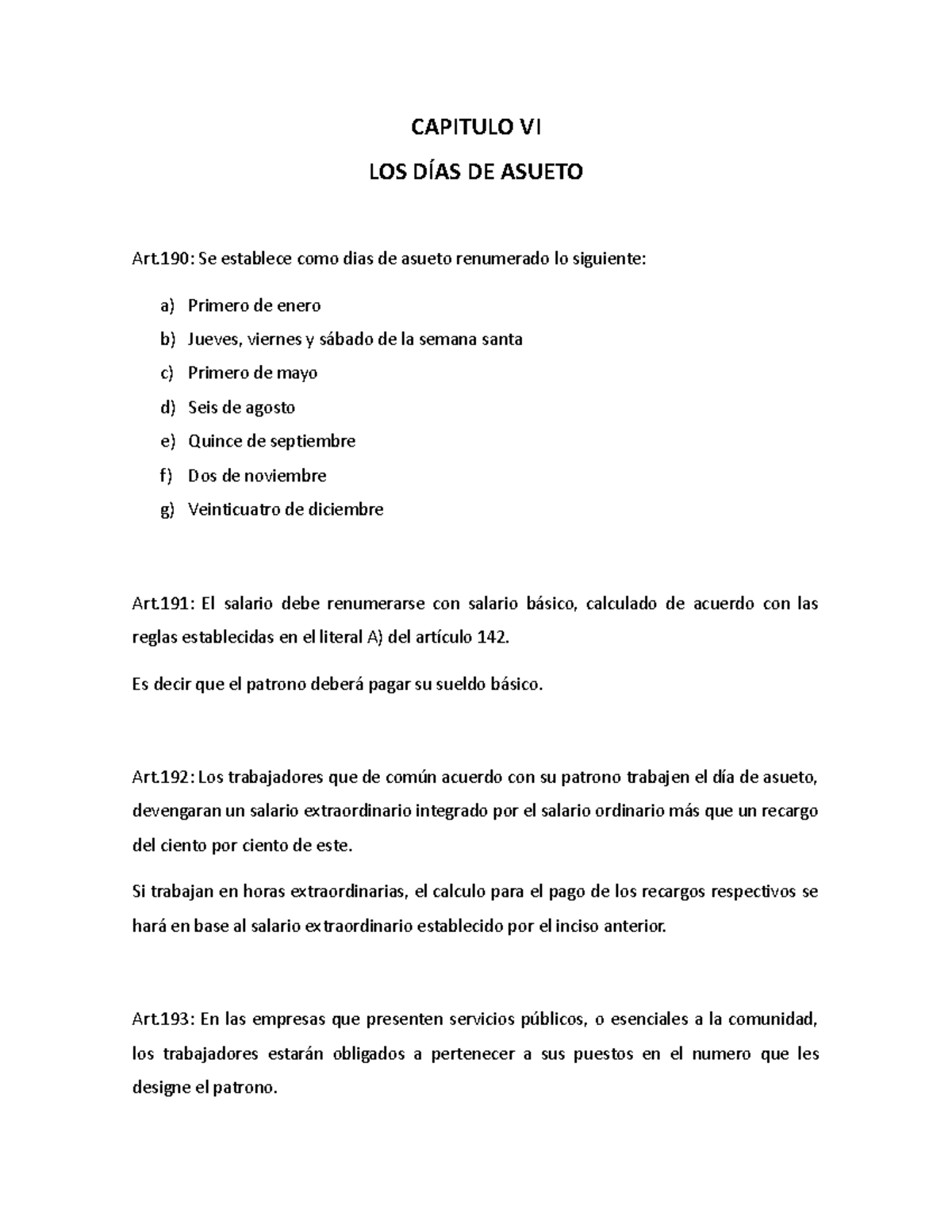 Capitulo VI - .... - CAPITULO VI LOS DÍAS DE ASUETO Art: Se establece ...