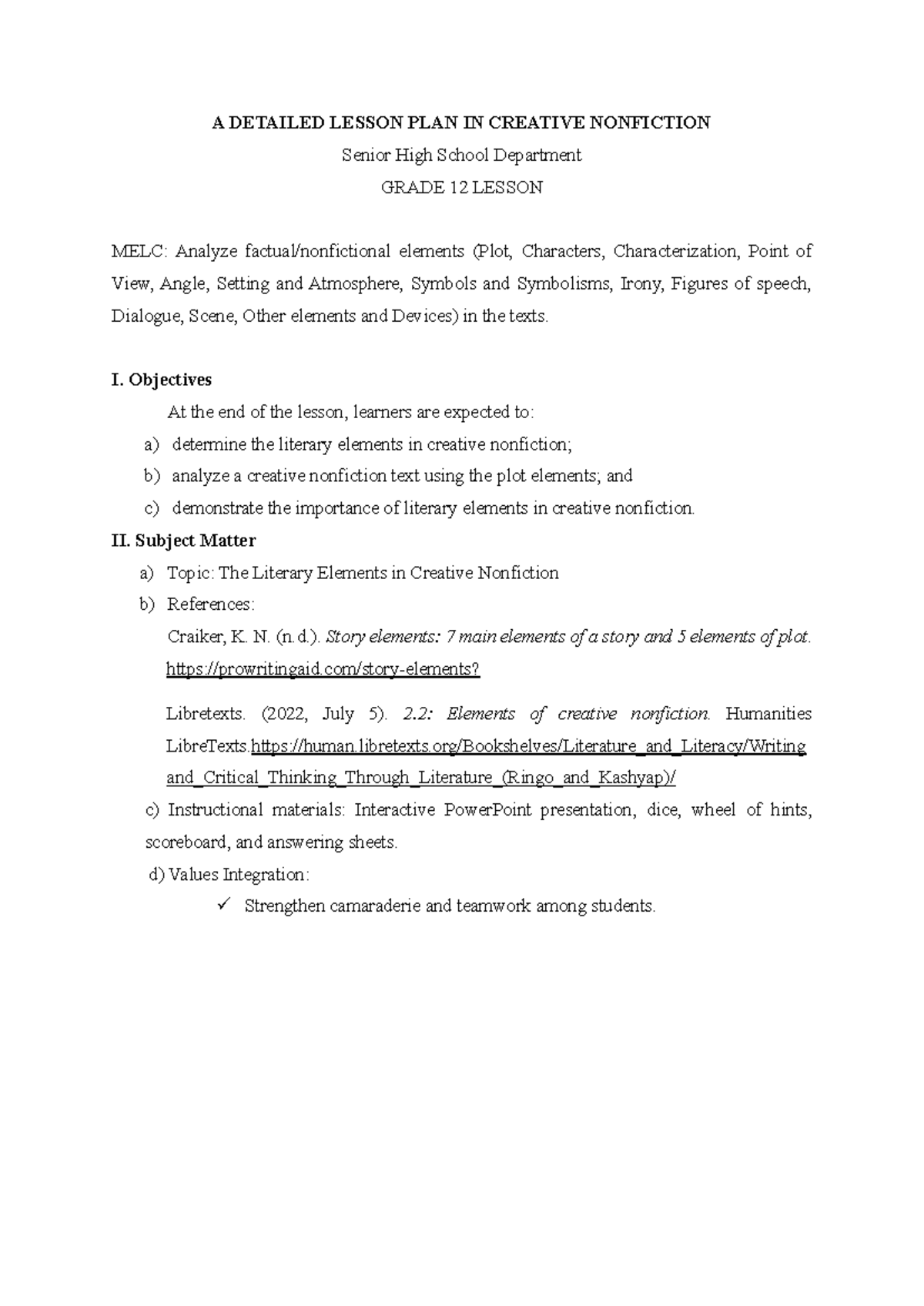 DLP - A DETAILED LESSON PLAN IN CREATIVE NONFICTION Senior High School ...