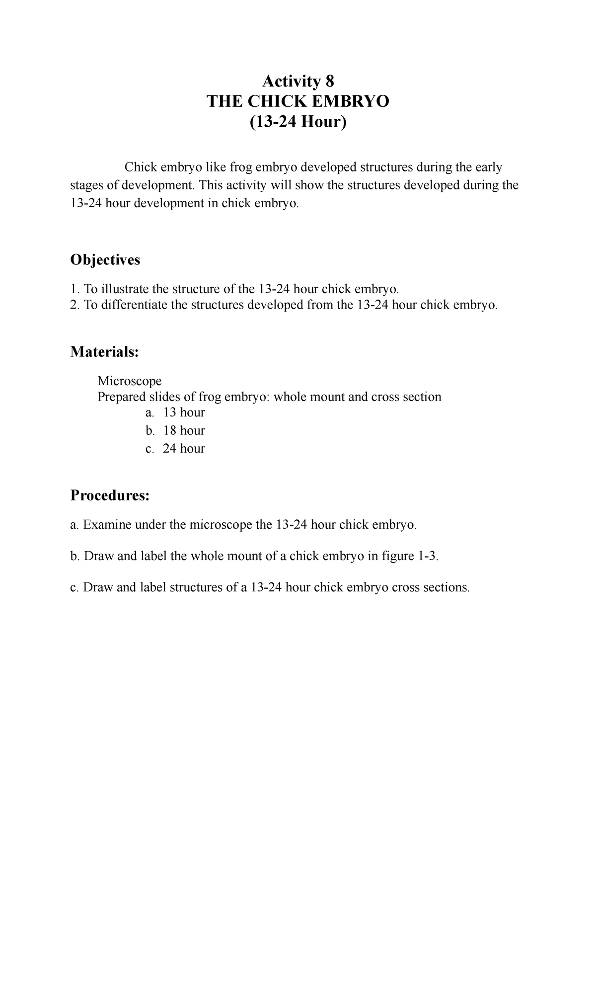 NS-Embryology- Activity NO. 8 - Activity 8 THE CHICK EMBRYO (13-24 Hour ...