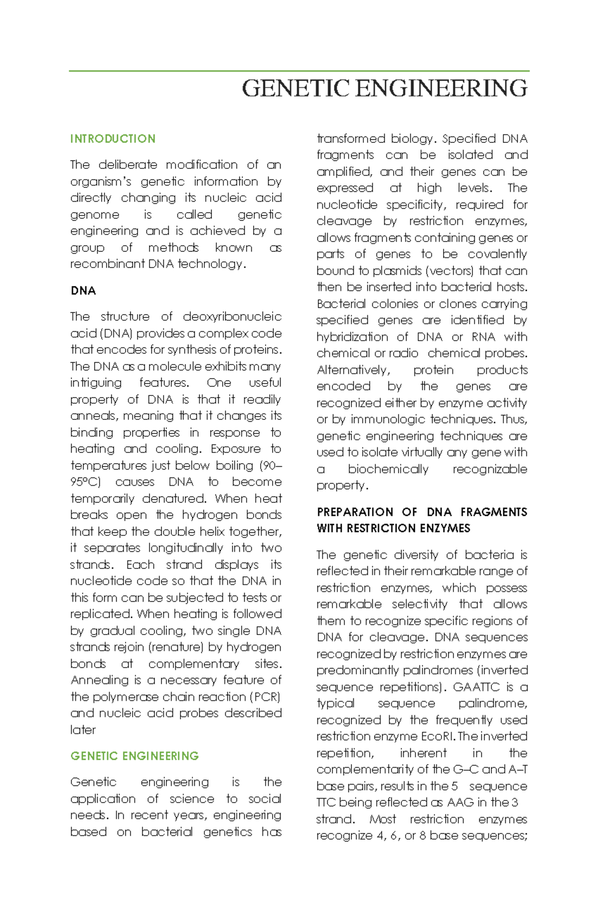 Genetic Engineering - GENETIC ENGINEERING INTRODUCTION The deliberate ...