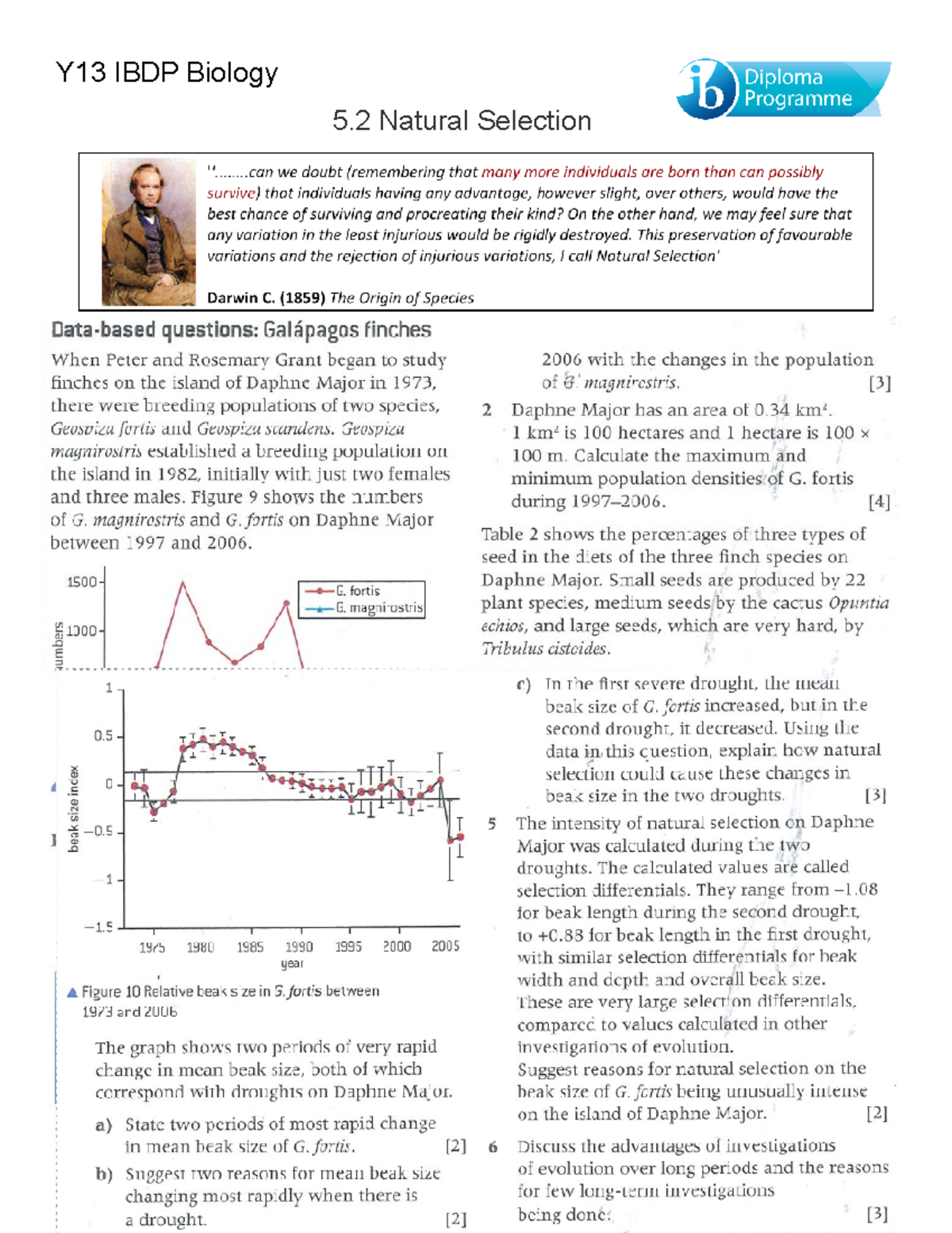 5.2 Natural Selection - finches data based question - Y13 IBDP Biology ...