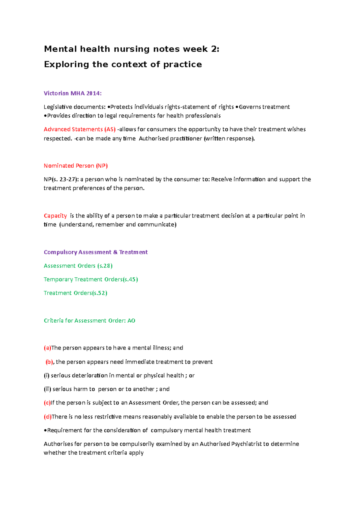 Mental health nursing notes week 2 -can be made any time Authorised ...
