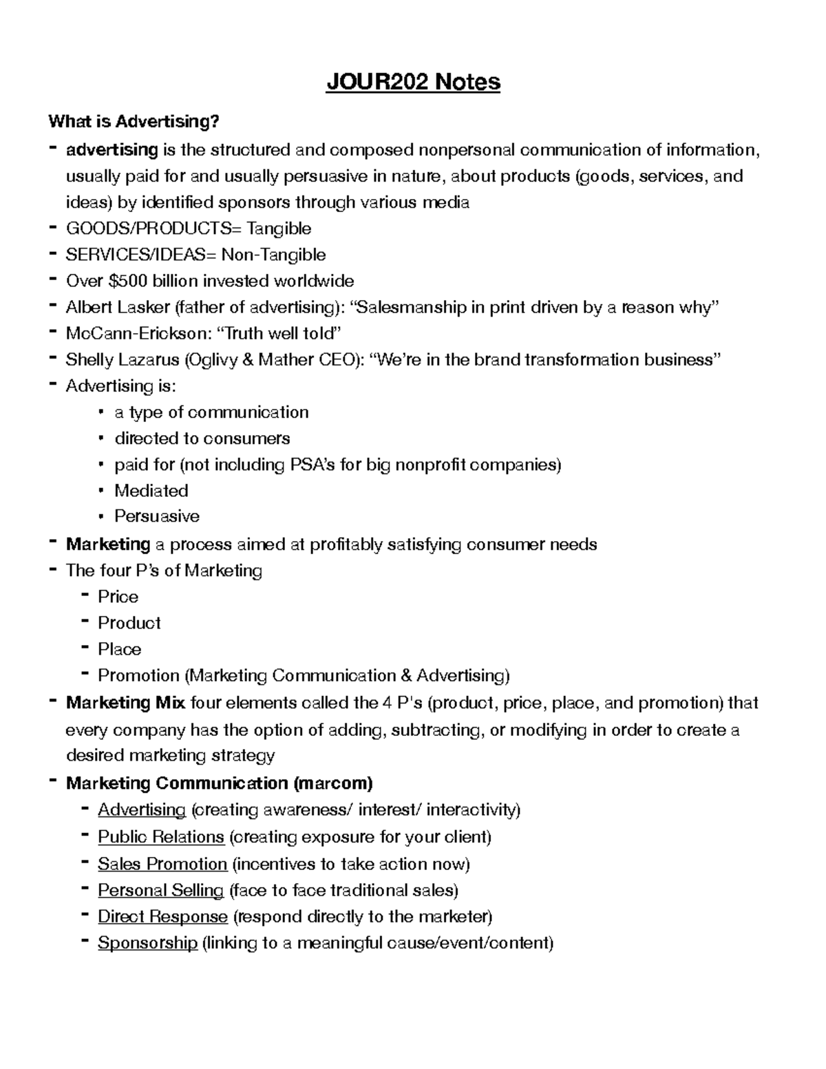 JOUR202 Notes - JOUR202 Notes What is Advertising? - advertising is the ...