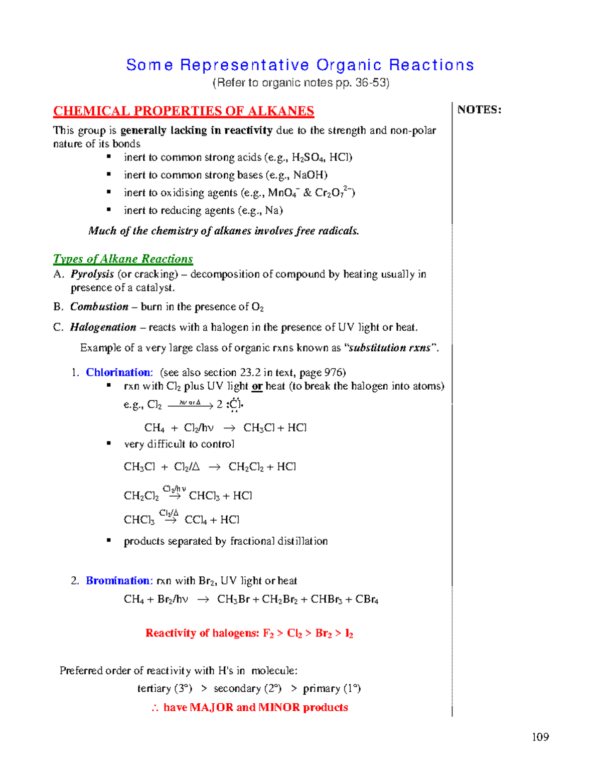 Organic Reactions notes from professor reed - Some Representative ...