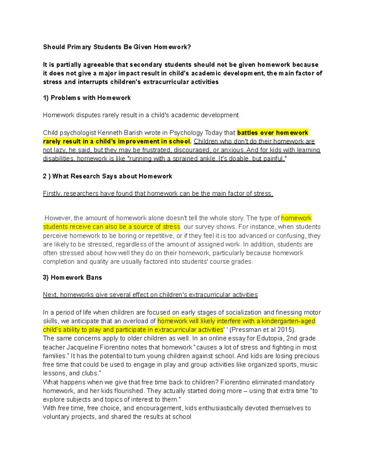 SHORT ESSAY READING COMPREHENSION OF ENGLISH - Should Primary Students ...