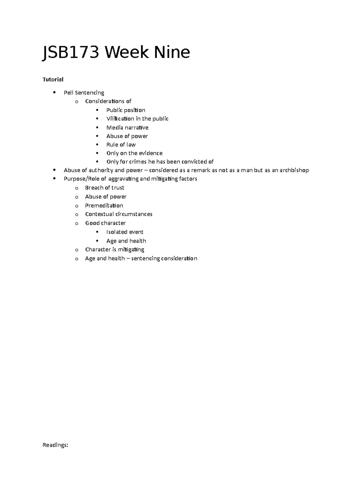 JSB173 Week Nine - Lecture notes 9 - JSB173 Week Nine Tutorial Pell ...