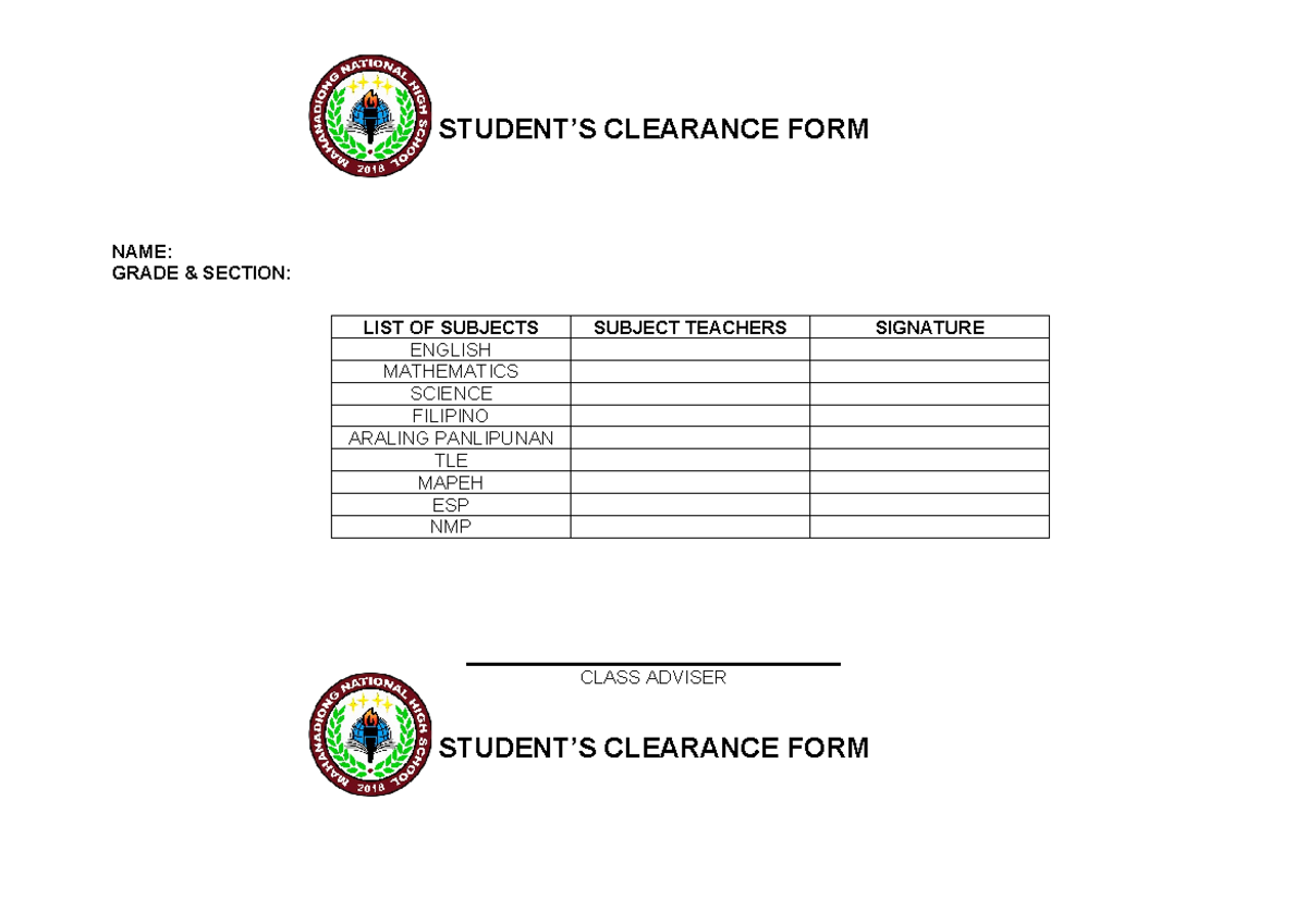 Student- Clearance - this is a waiver sample. - English 8 - STUDENT’S ...