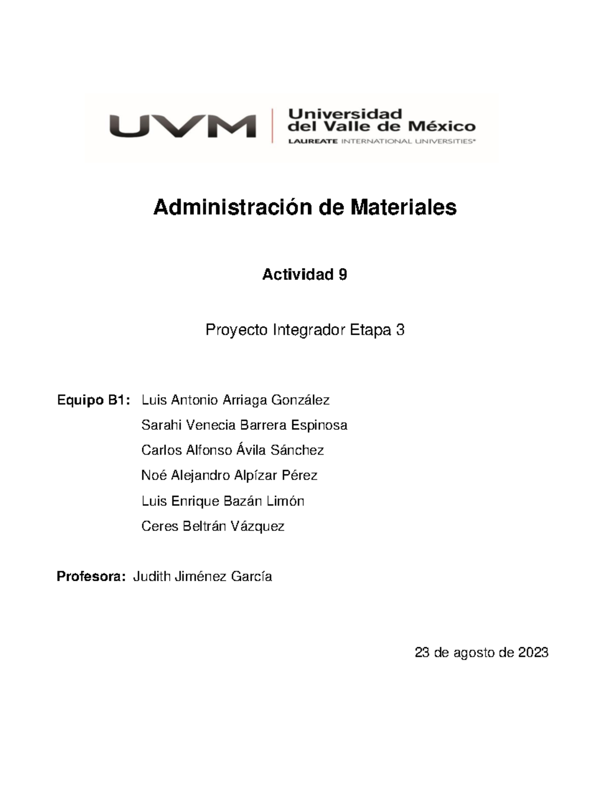 A9 EQ B1 - actividad 9 - Administración de Materiales Actividad 9 Proyecto Integrador Etapa 3 ...