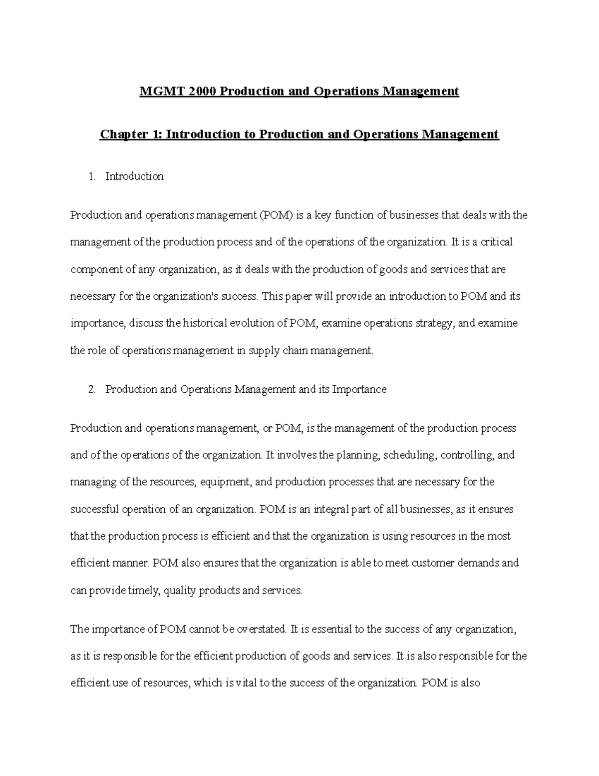 Chapter 1- Introduction to Production and Operations Management - MGMT ...