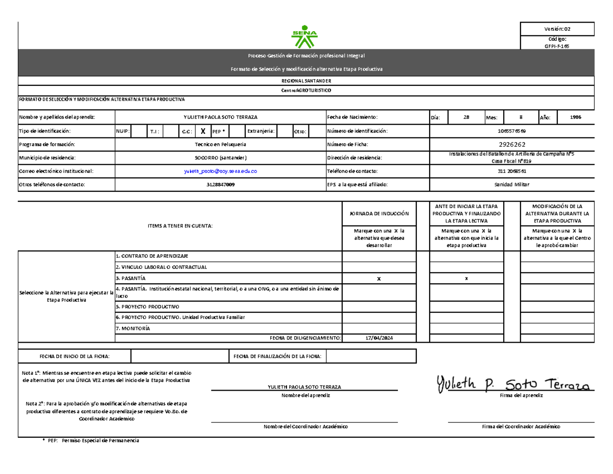 GFPI-F-165 Seleccionmodificacionalternativaetapaproductiva Yulieth SOTO ...