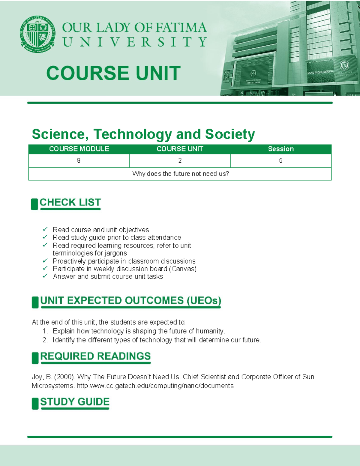 Course unit-why does the future not need us - Science, Technology and ...