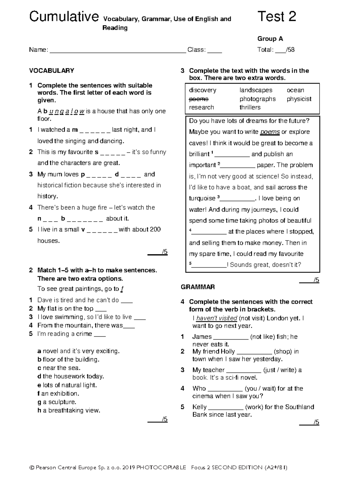 Focus 2 2ed Cumulative Test 2 Units 1-4 Group A - Cumulative Vocabulary ...
