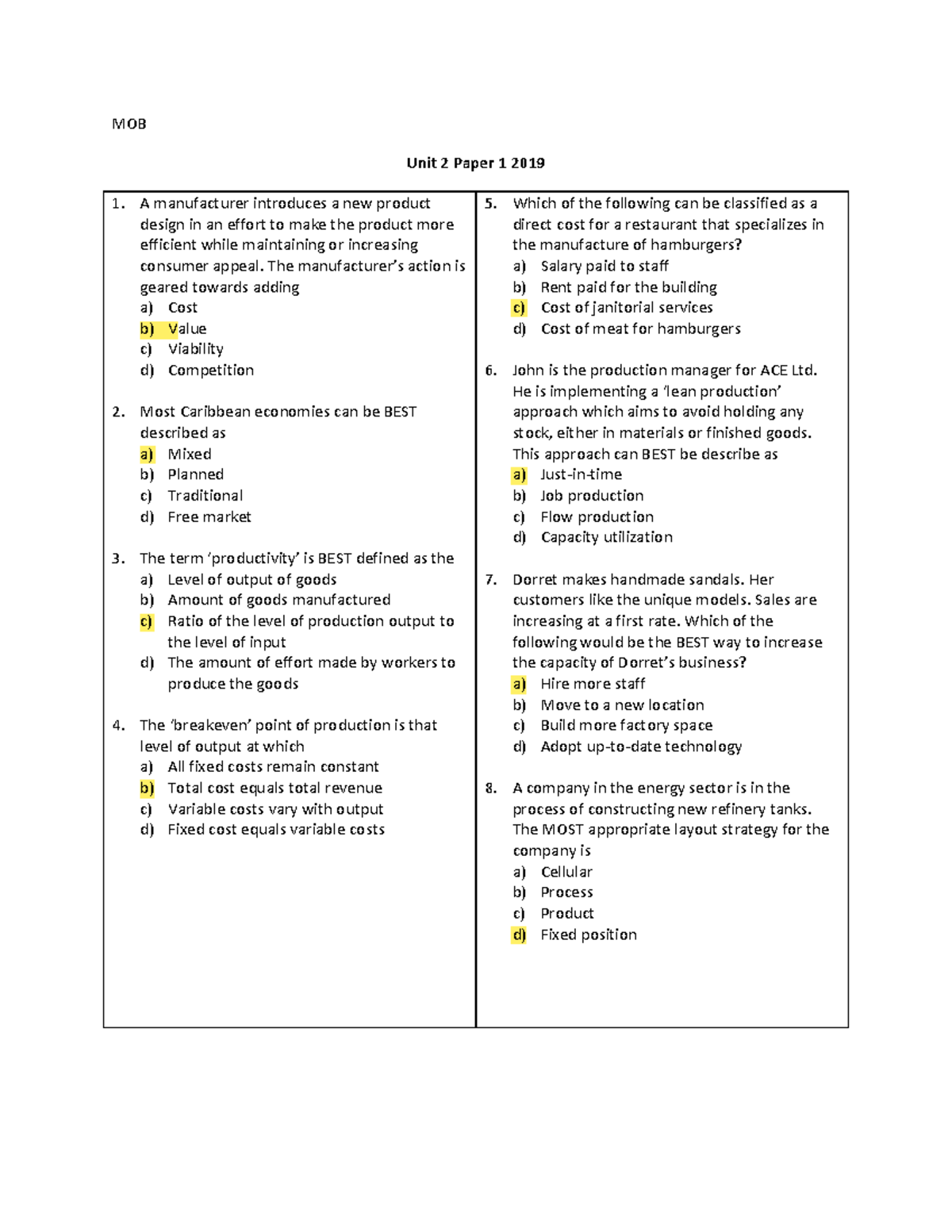 Cape MOB 2019 U2 P1 - MOB Unit 2 Paper 1 2019 A manufacturer introduces ...
