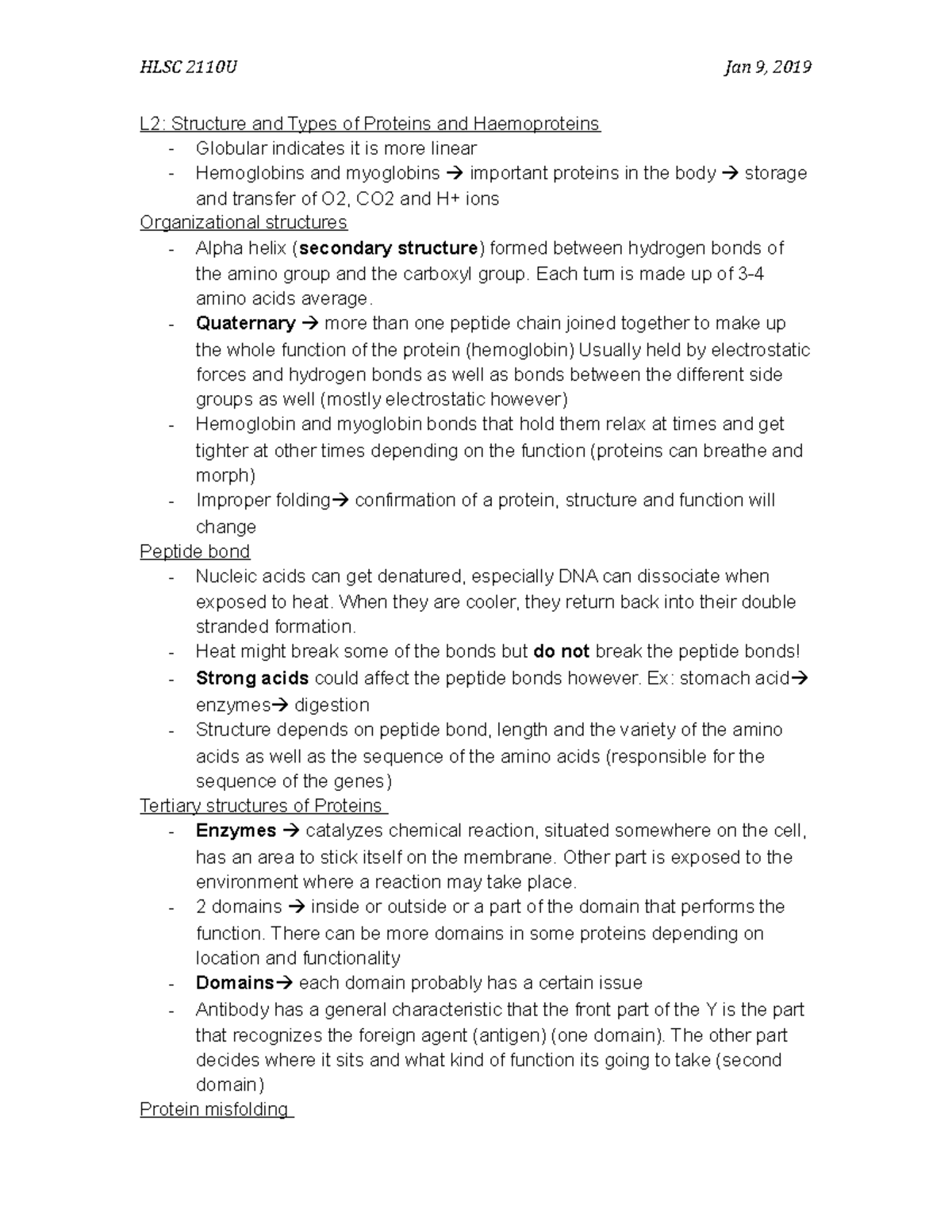 L2 Structures and types of proteins and haemoglobins - HLSC 2110U Jan 9 ...
