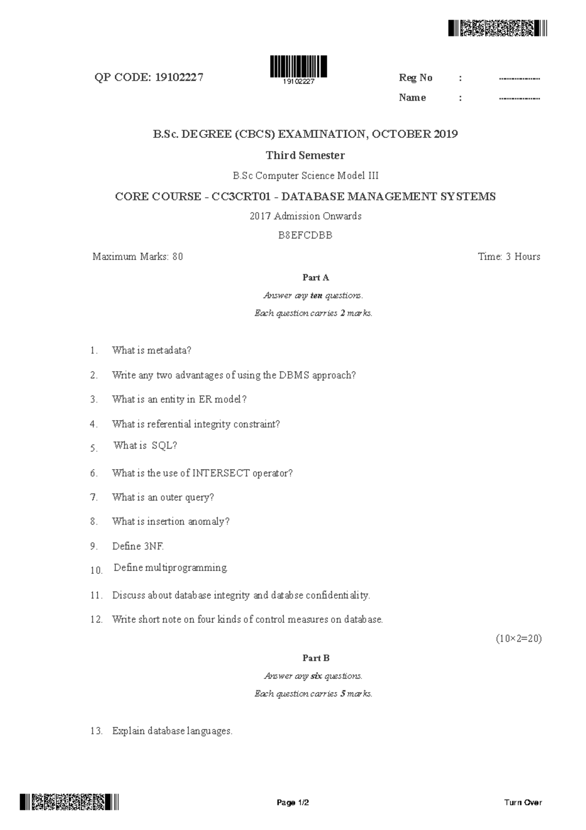 Dbms oct19 - Qp for students - QP CODE: 19102227 Reg No ...
