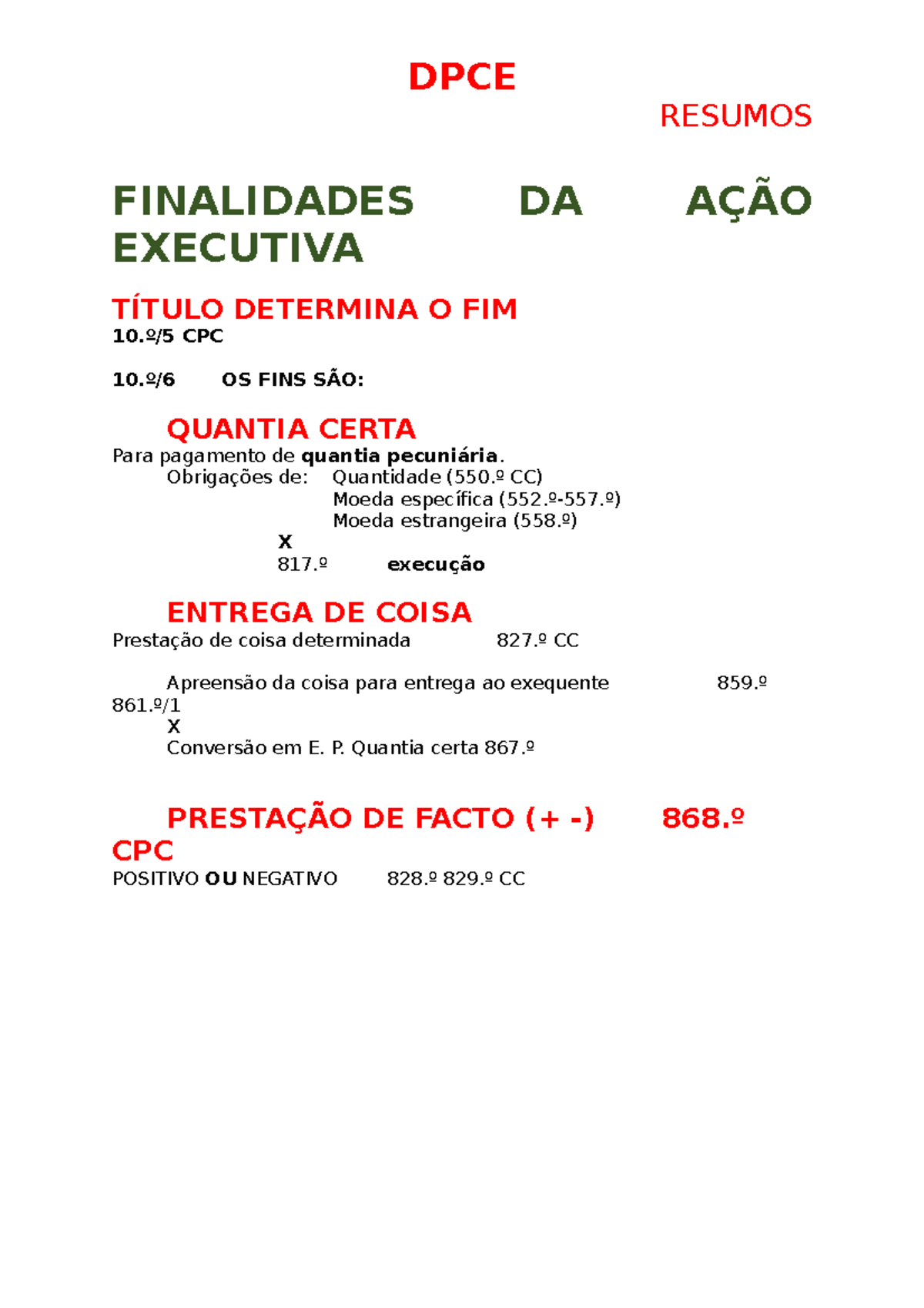 DPCE Resumos - ####### RESUMOS FINALIDADES DA AÇÃO EXECUTIVA TÍTULO ...