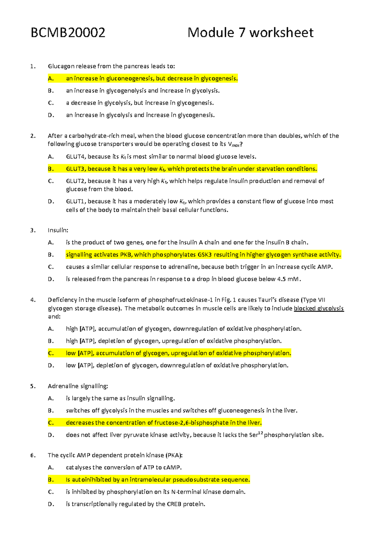 Module 7 worksheet with answers - BCMB20002 Module 7 worksheet Glucagon ...