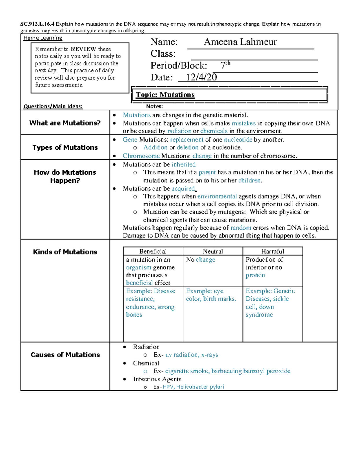 Mutation notes 20-21 Ameena Lahmeur - SC.912.L.16 Explain how mutations ...