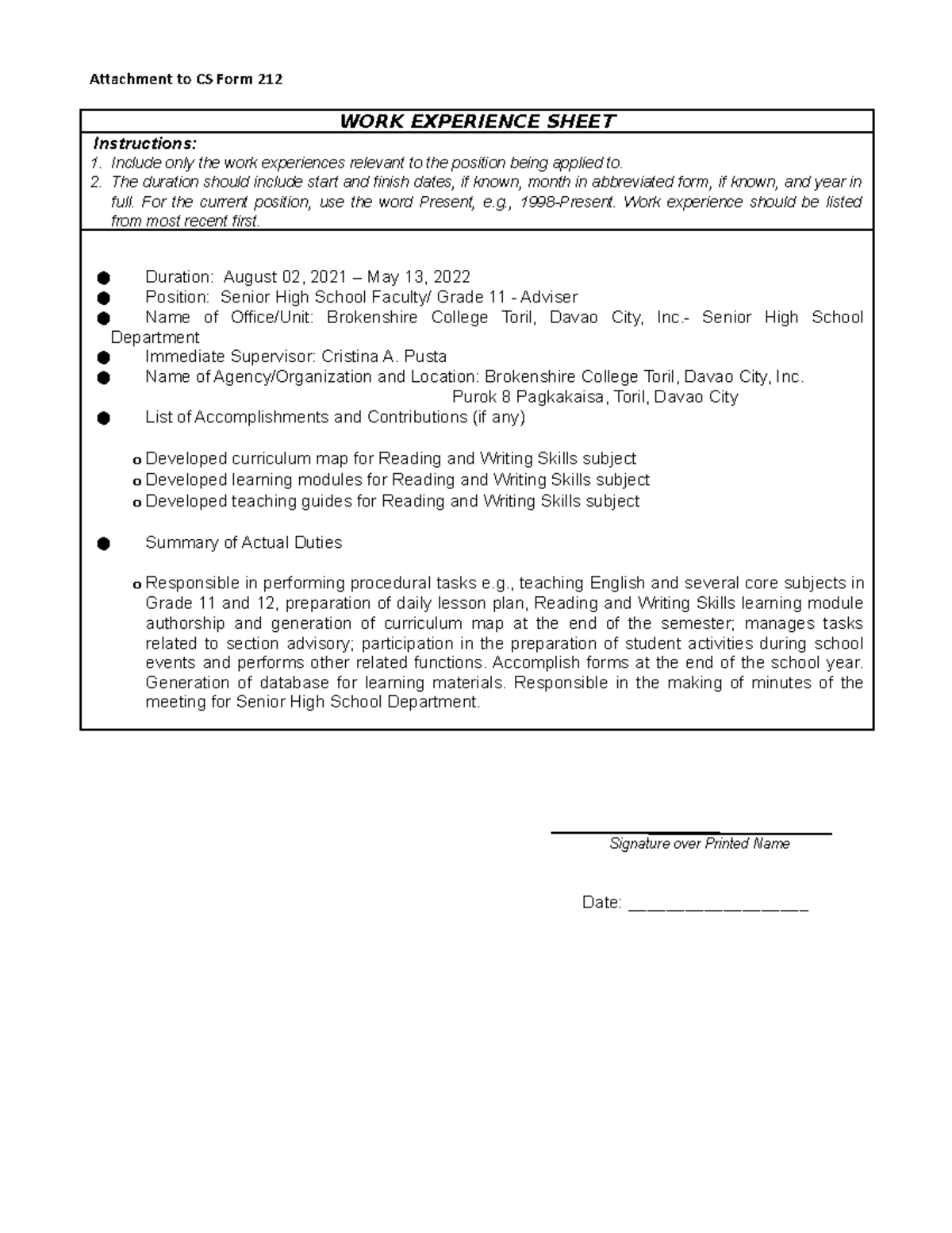 Work Experience Sheet - love loeve loeve - A琀琀achment to CS Form 212 ...