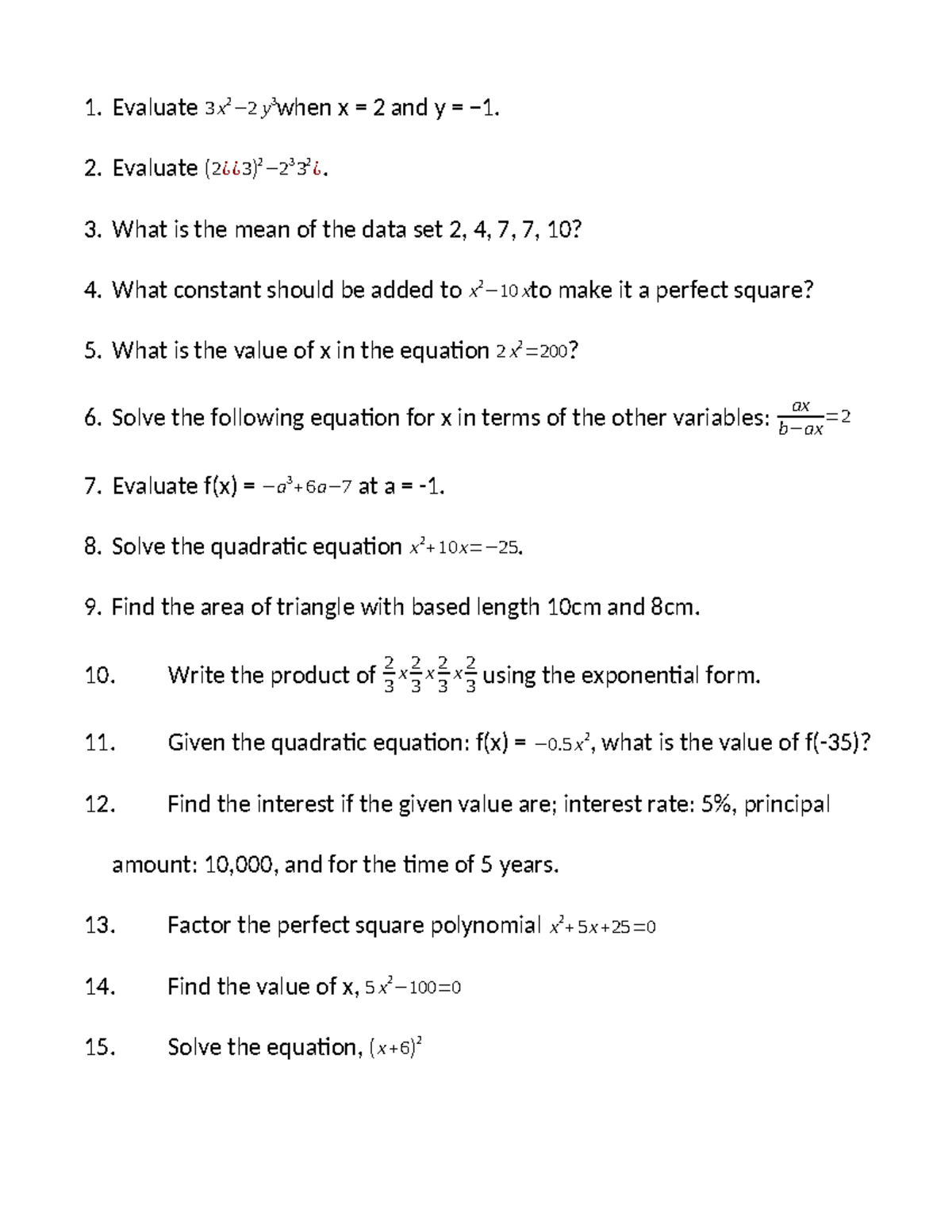 Math problems - notes - 1. Evaluate 3 x 2 − 2 y 3 when x = 2 and y = −1 ...