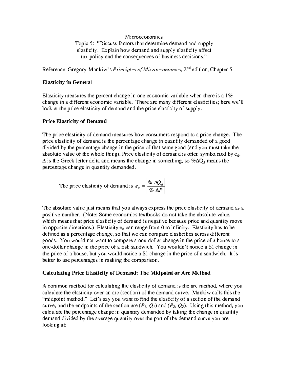 Elasticity micro 5 notes to read for exam - Microeconomics Topic 5 ...
