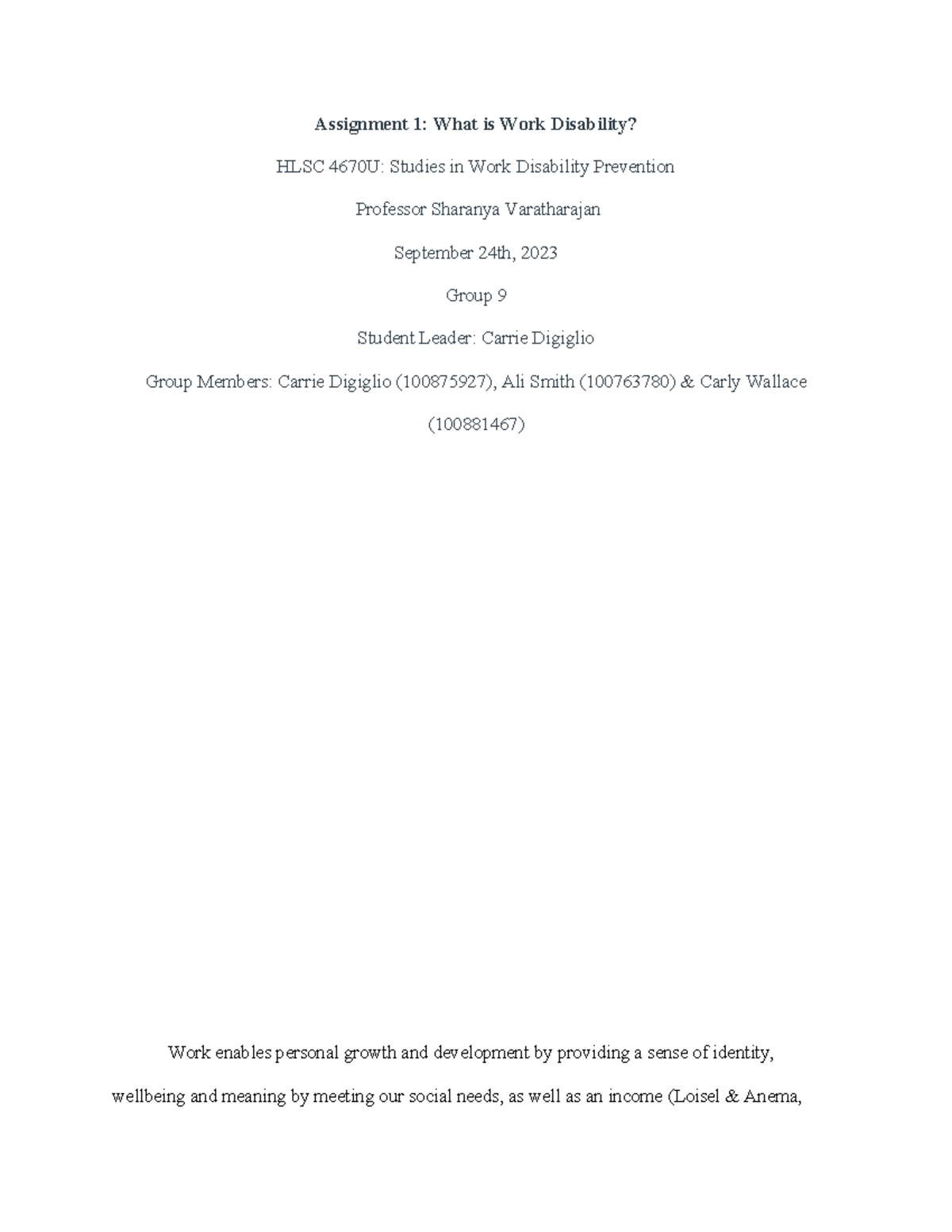 Assignment#1 - 1 of many - Assignment 1: What is Work Disability? HLSC ...