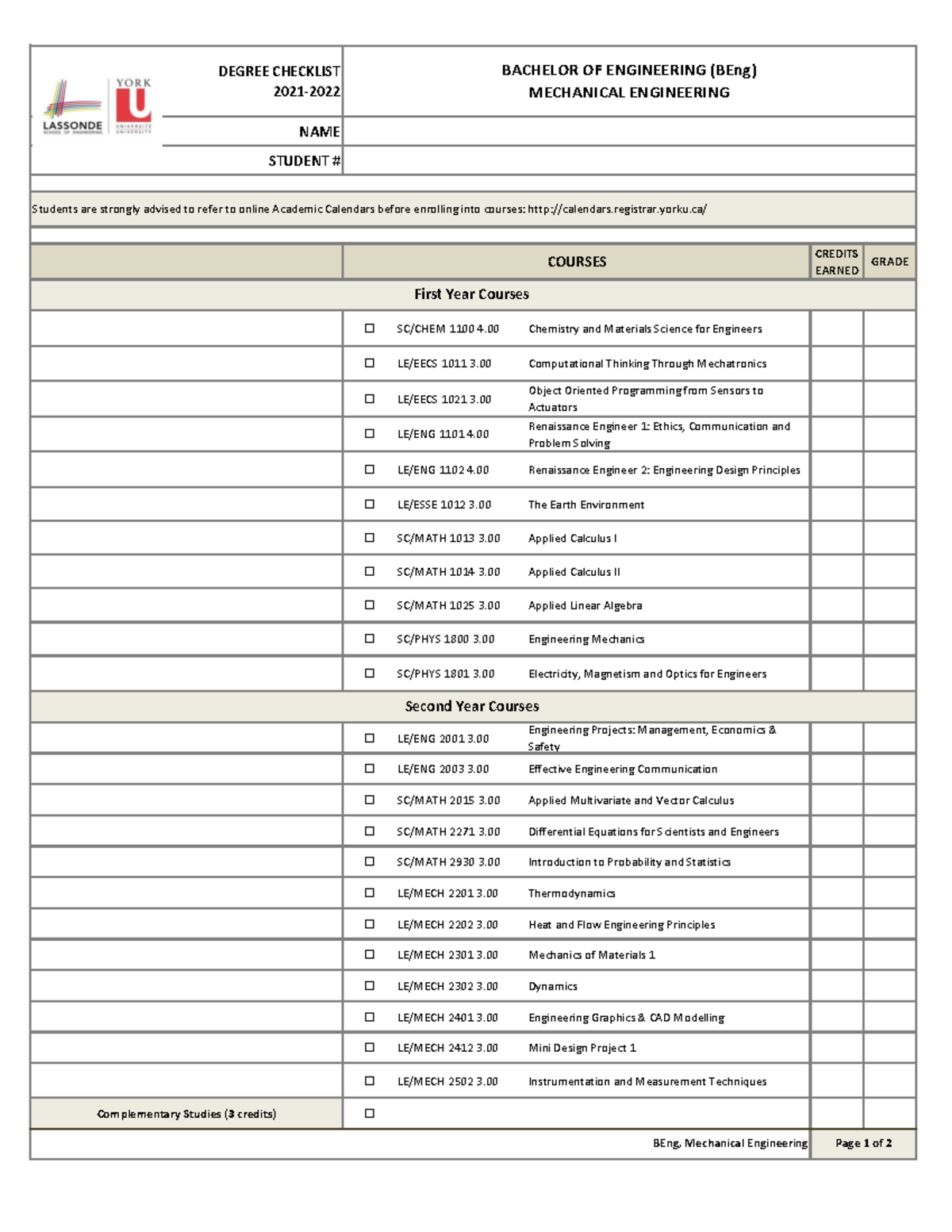 2021 2022 Degree Checklist BEng Mechanical - DEGREE CHECKLIST 2021 ...
