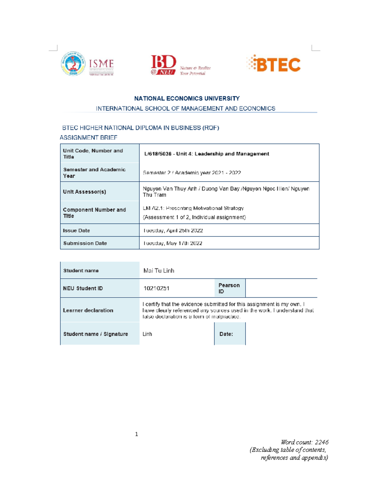 10210251 LM A2 - 2nd Assignment:Leadership and Management Module (BTEC HND) - 1 Word count: 2246 ...