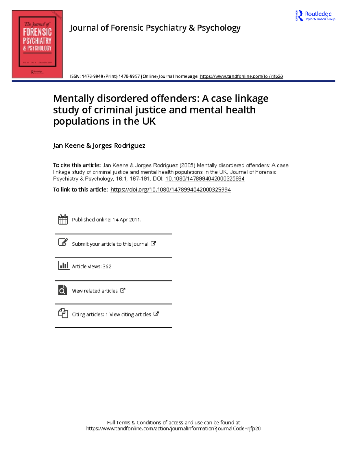 Mentally disordered offenders A case linkage study of criminal justice ...