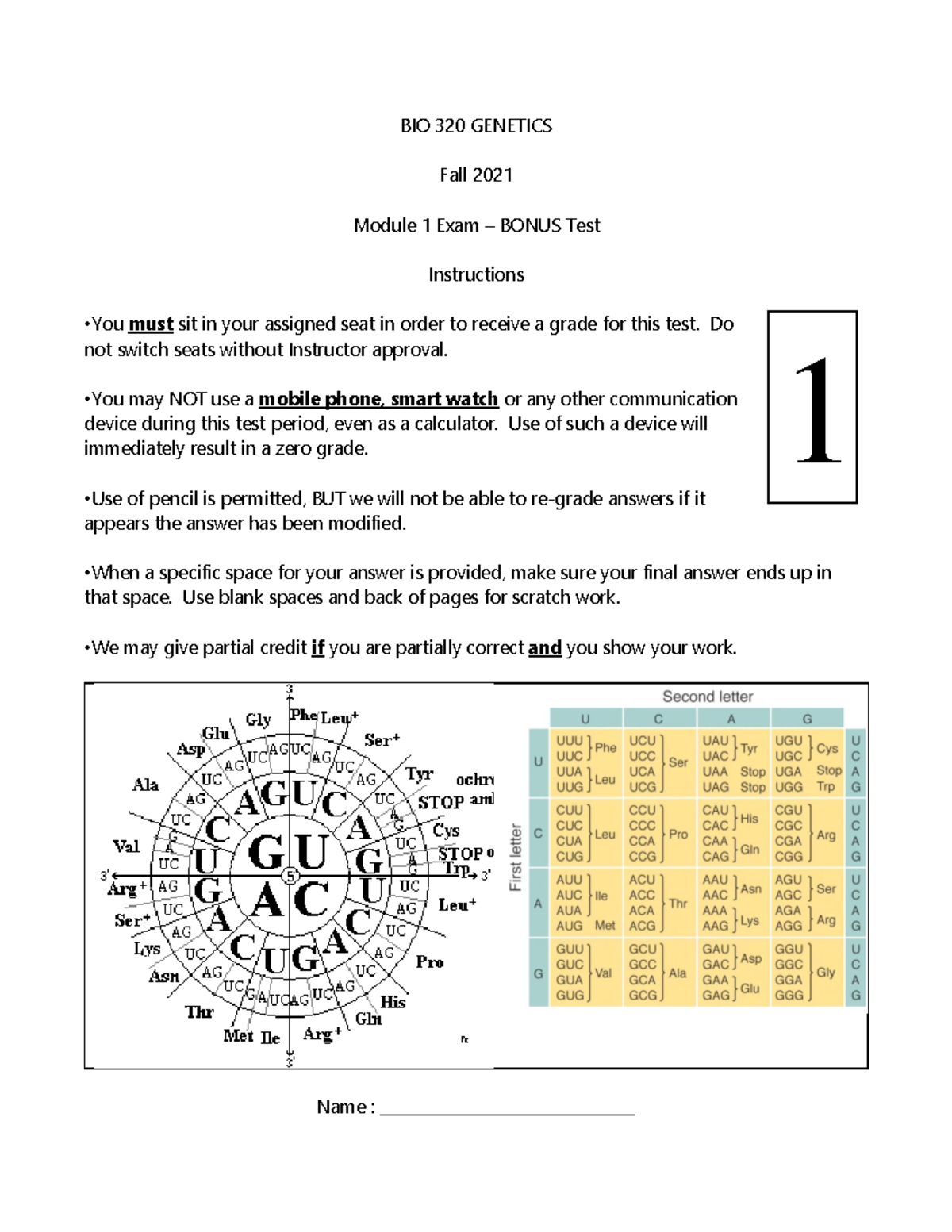 Test 1.B final - Module 1 Exam – BONUS Test - BIO 320 GENETICS Fall ...
