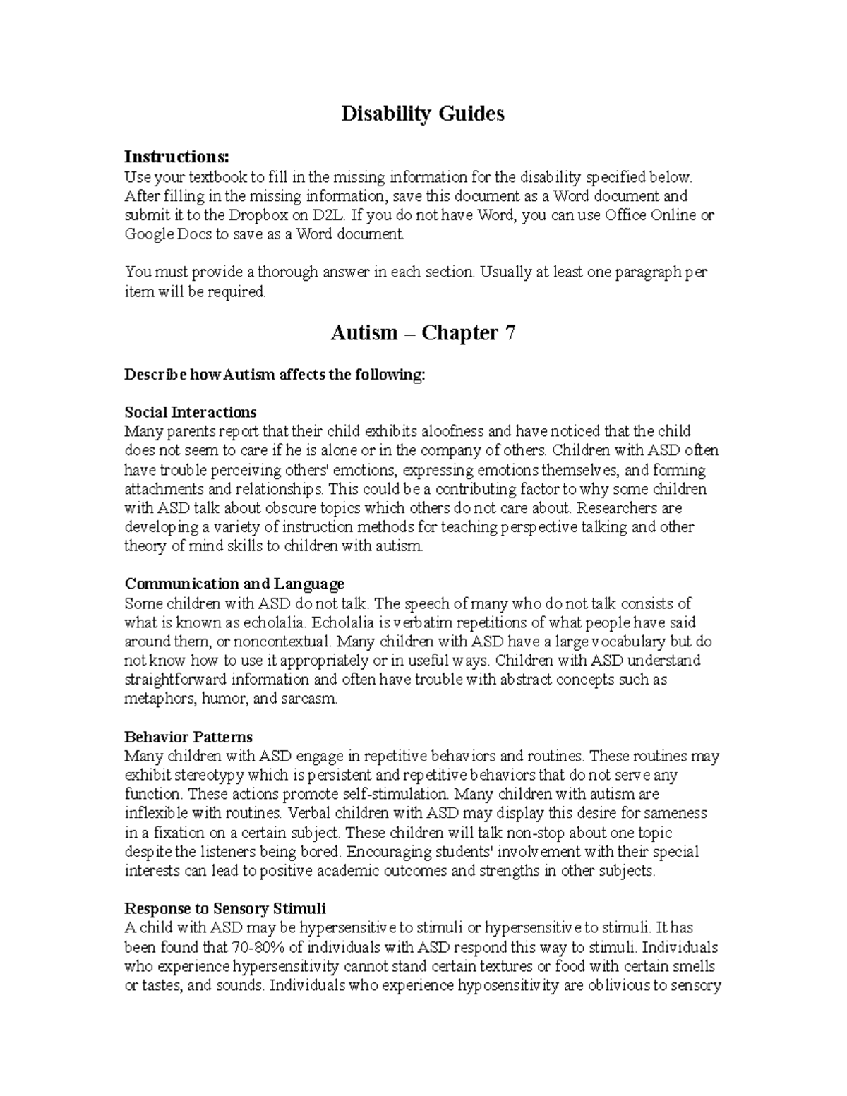 SPE329 Disability Guide chapter 7 Autism Spectrum Disorder - Disability Guides Instructions: Use ...