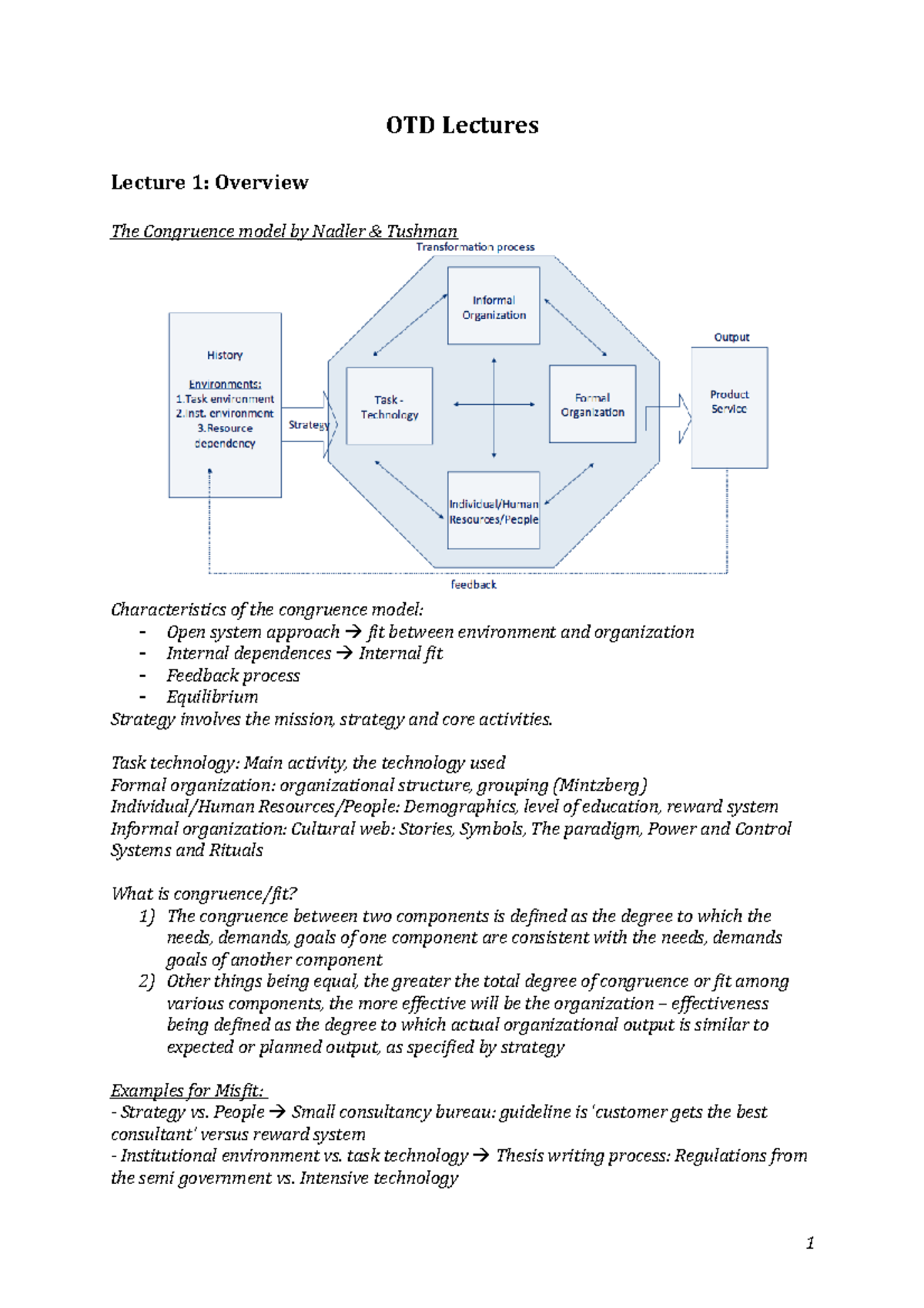 OTD Lectures - Summary Organisational Theory & Dynamics - OTD Lectures ...