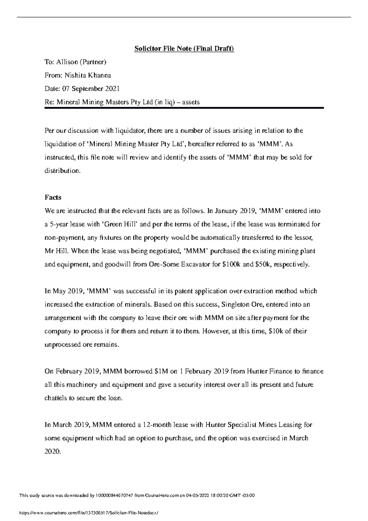 Solicitor File Note - Assignment to cover first section of the course ...