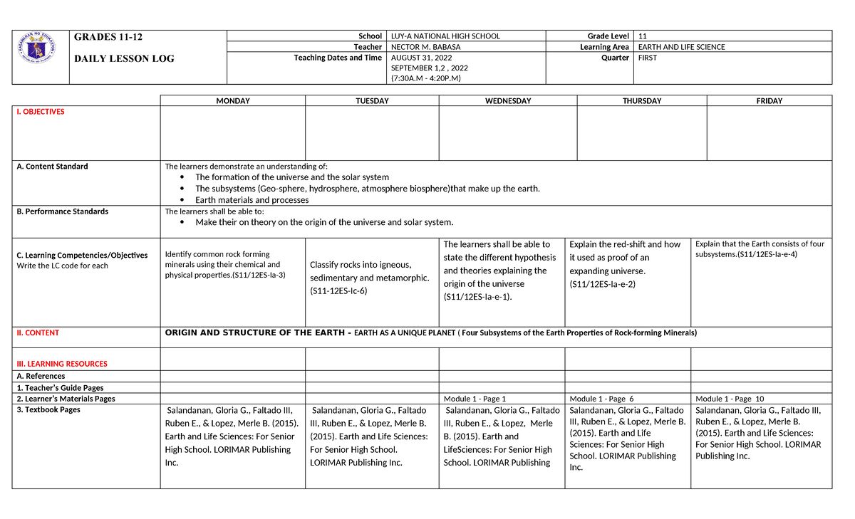DLL - DLL FOR LESSON PLAN - GRADES 11- DAILY LESSON LOG School LUY-A ...