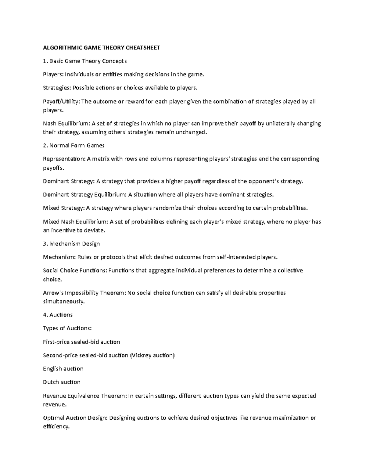 Cheatsheet Algorithmic Game Theory Algorithmic Game Theory Cheatsheet Basic Game Theory