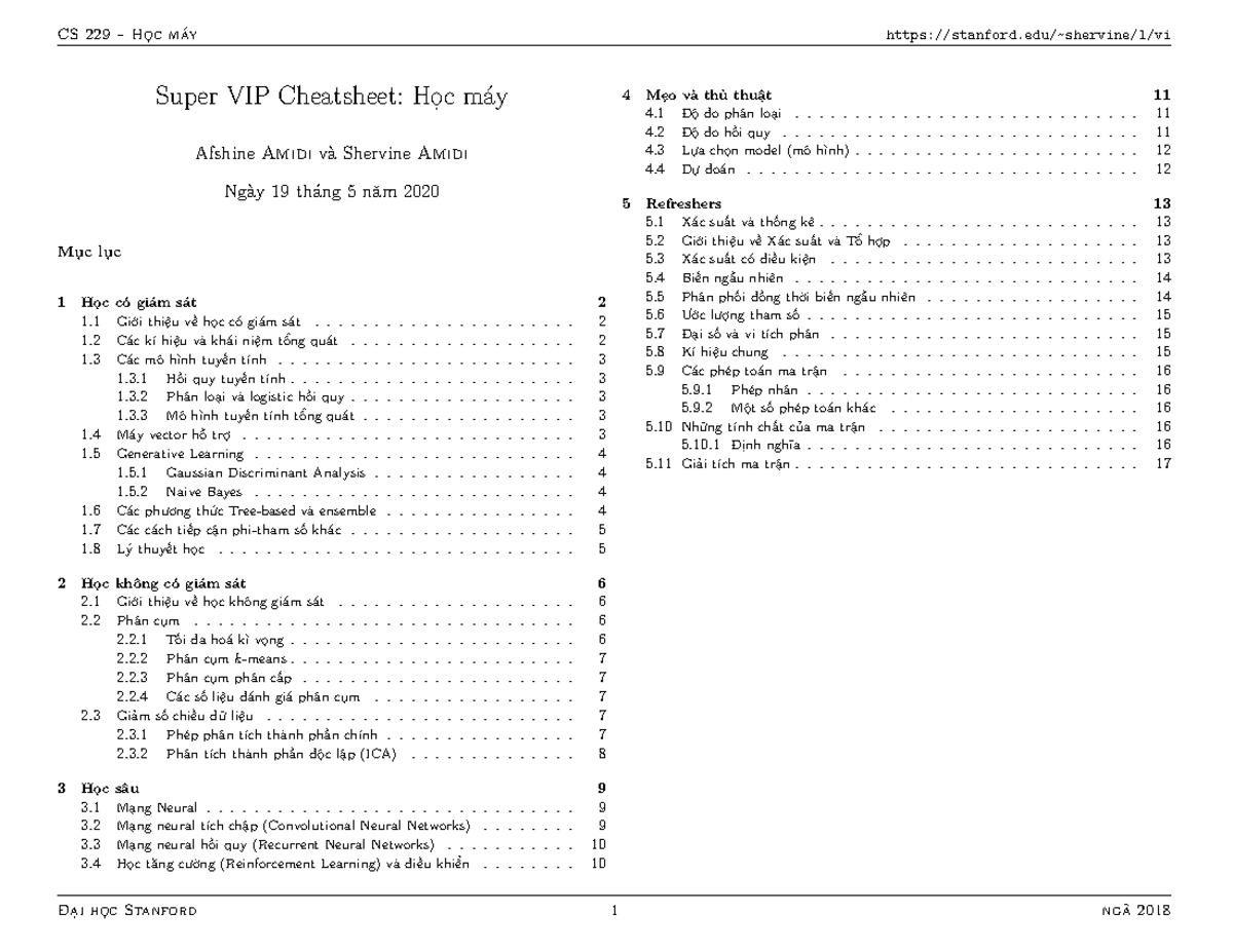 Vietnamese super cheatsheet machine learning 1 - CS 229 – Học máy ...
