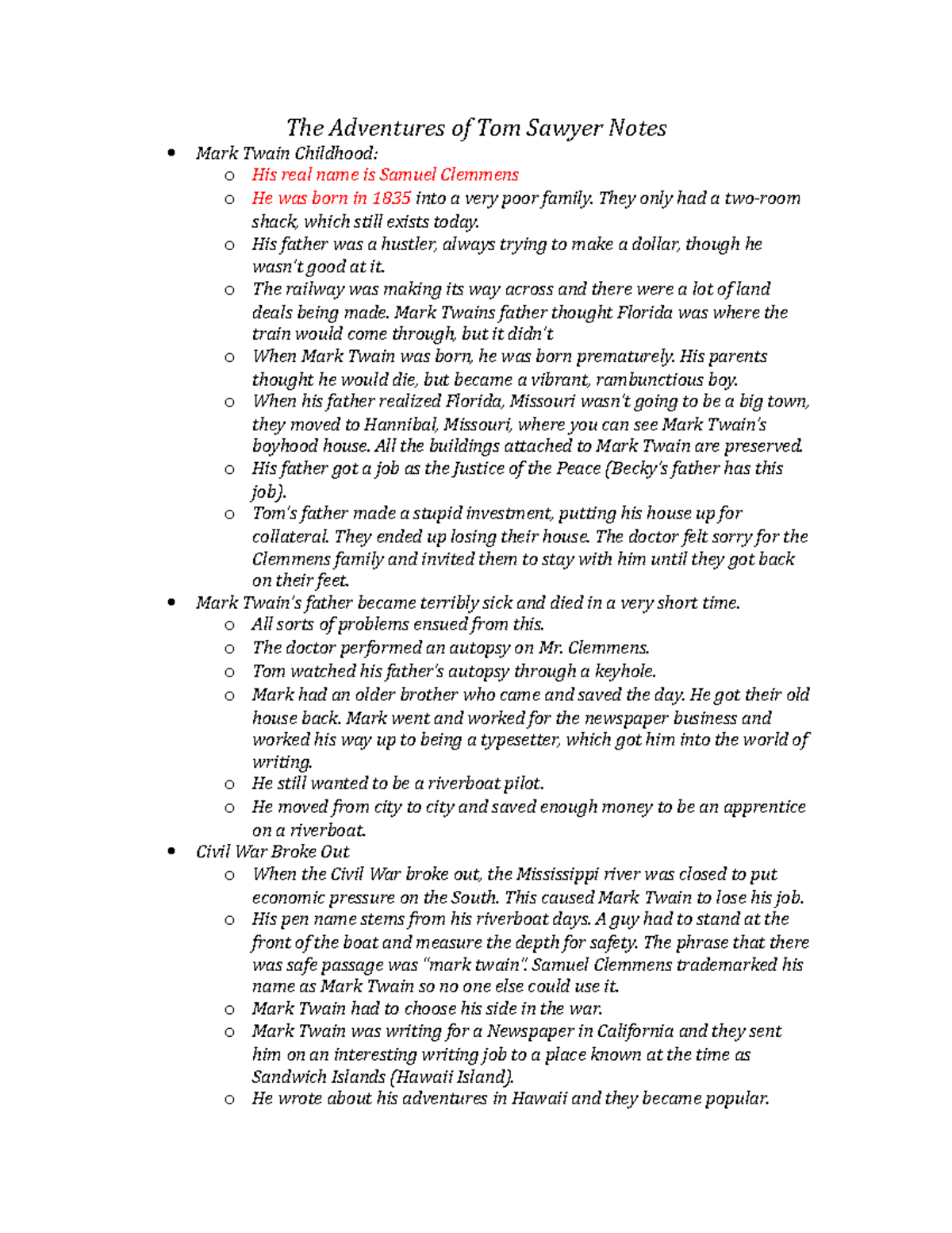 The Adventures of Tom Sawyer Notes - They only had a shack, which still ...
