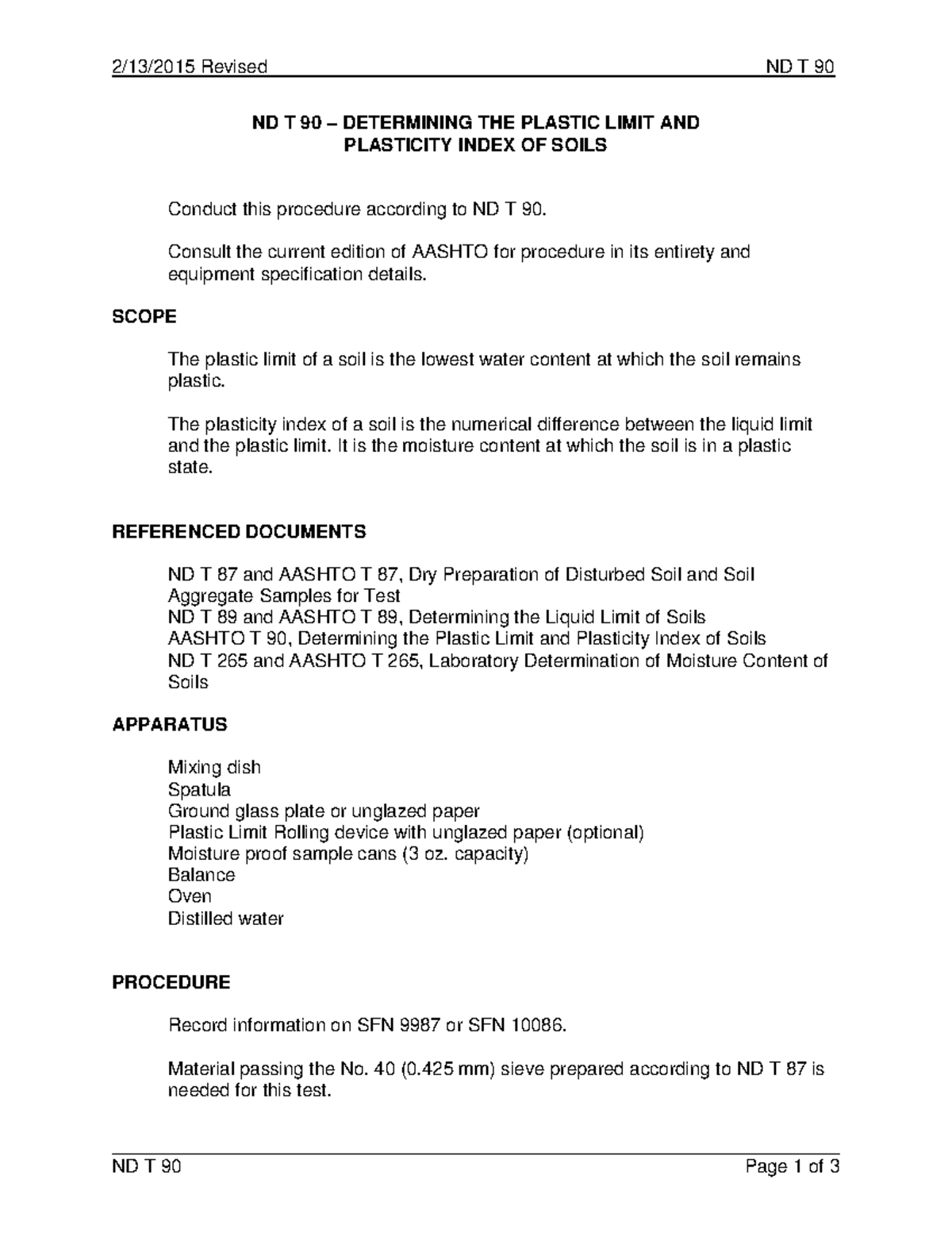 Aashto T90 - Plastic Limit AND Plasticity Index OF Soils - 2/13/2015 ...