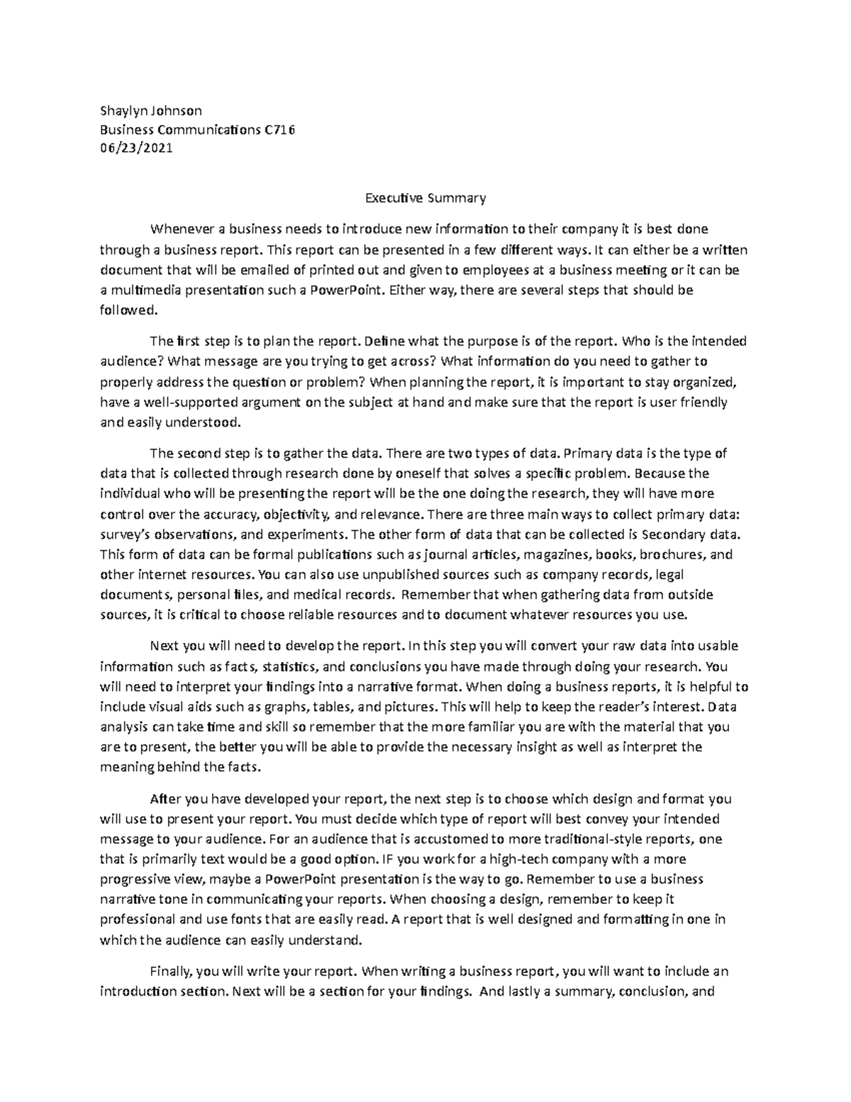 Task 2C Executive Summary - Shaylyn Johnson Business Communications C ...
