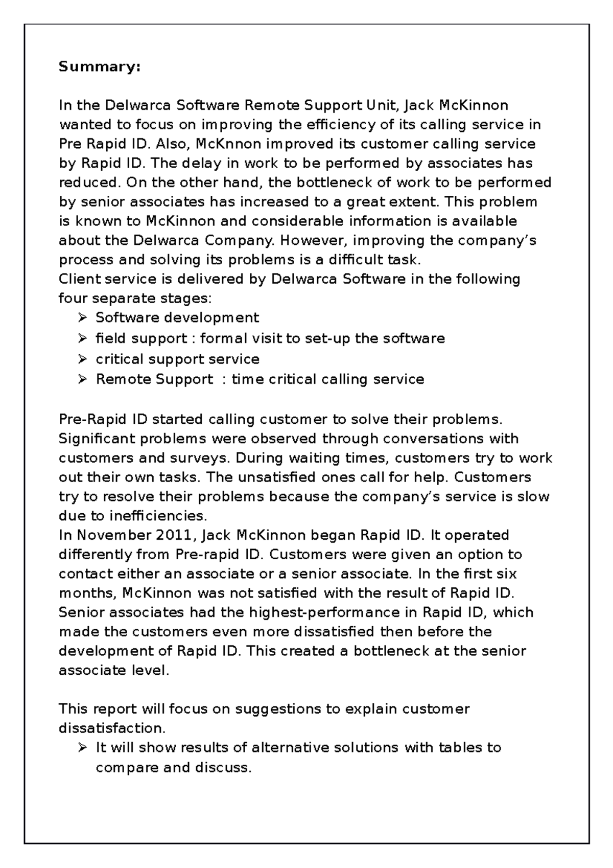 Pdfcoffee - economics - Summary: In the Delwarca Software Remote Support Unit, Jack McKinnon ...