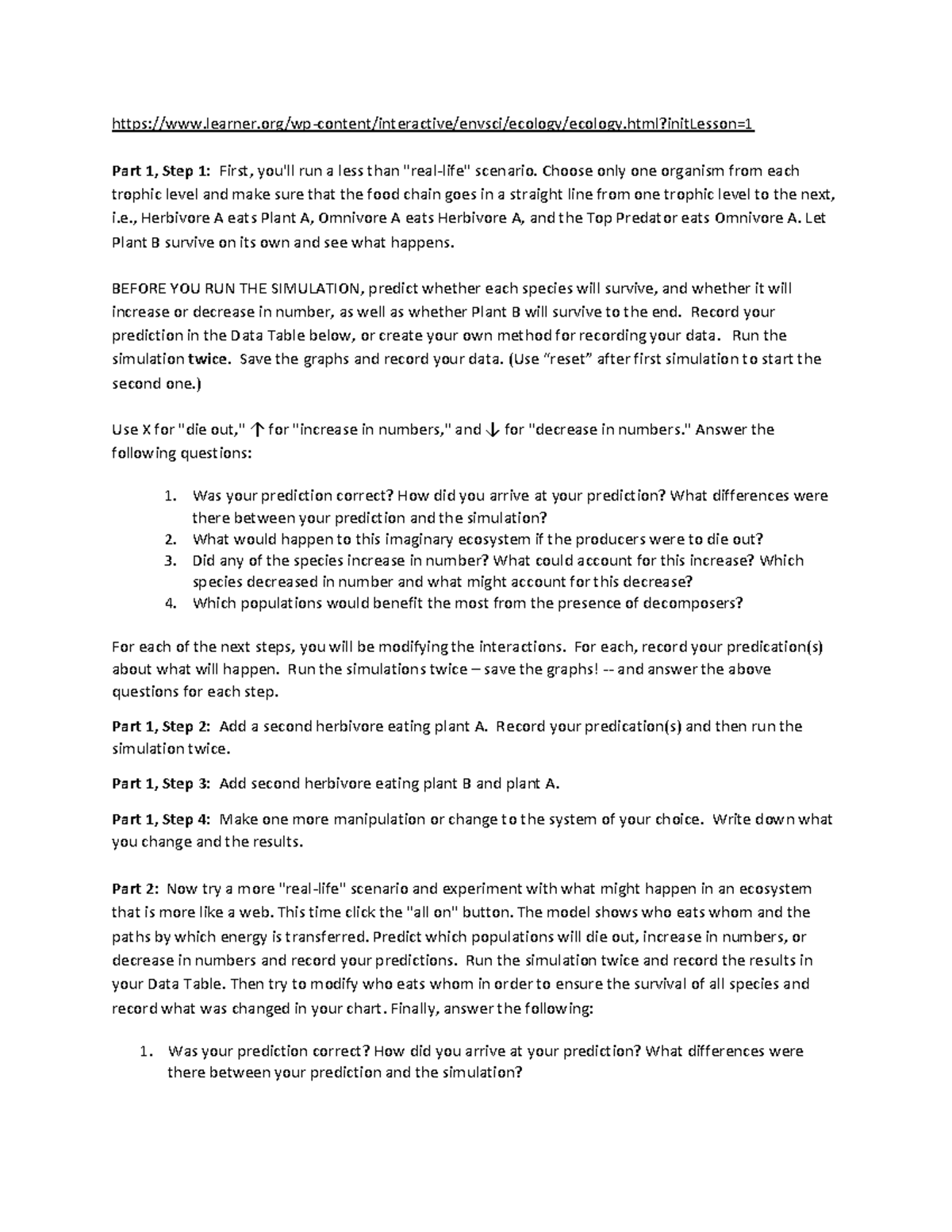 Predator Prey Lab Instructions for lab - - Studocu