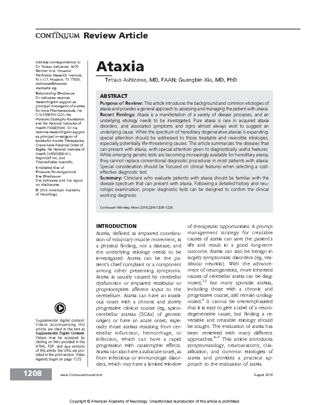 Ataxia - Ataxia Tetsuo Ashizawa, MD, FAAN; Guangbin Xia, MD, PhD ABSTRACT Purpose of Review ...