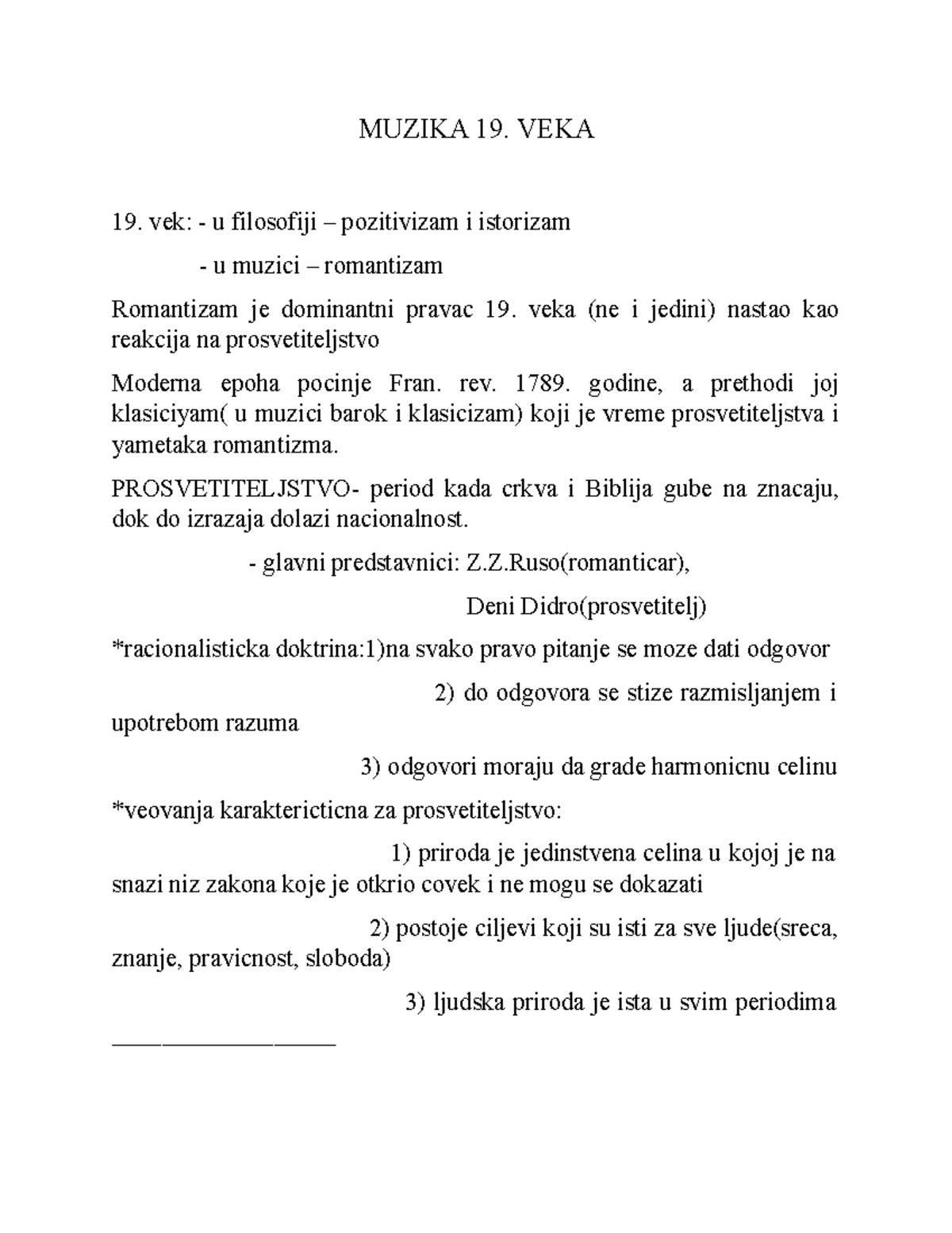 Muzika 19 - Lecture notes 1-7 - MUZIKA 19. VEKA vek: - u filosofiji ...