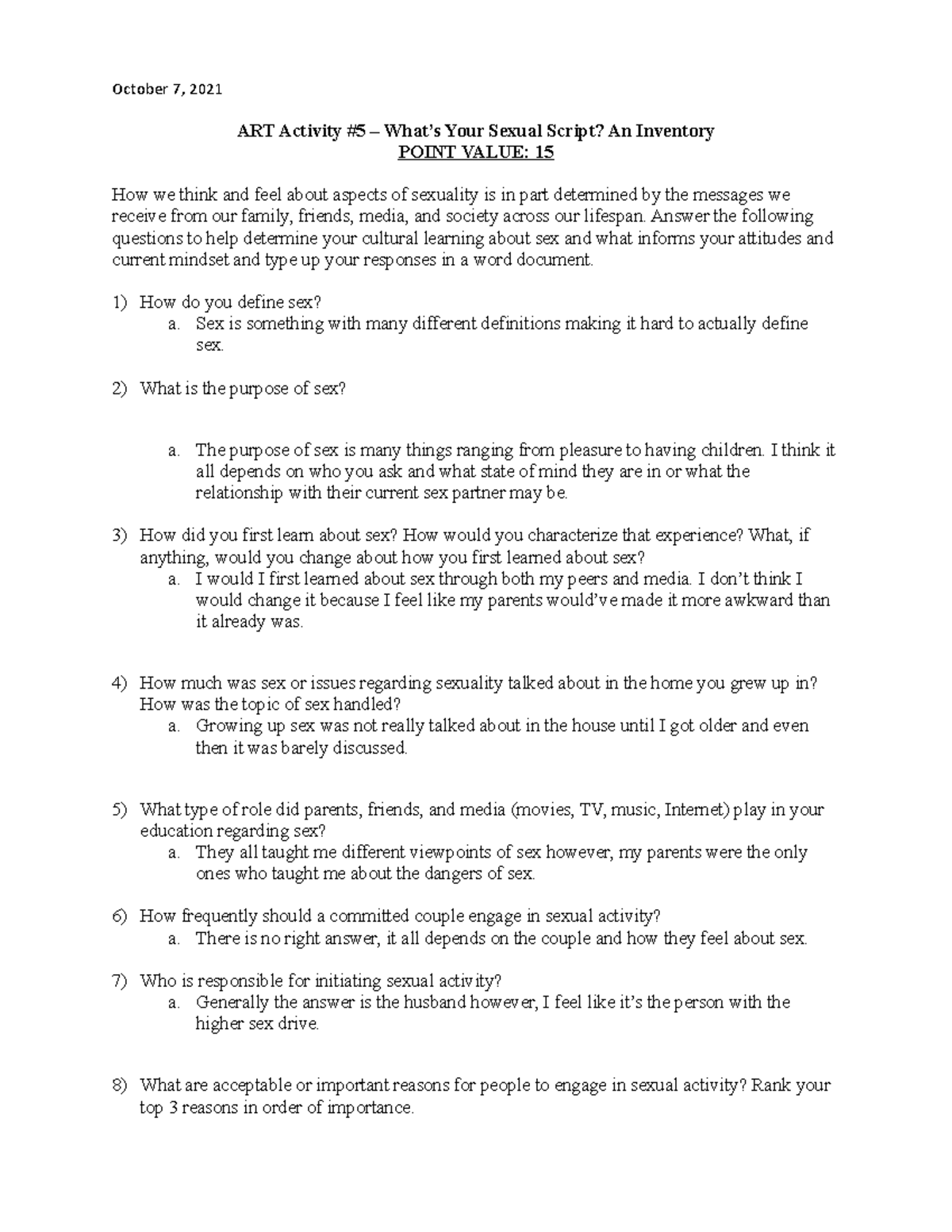 ART 5 - ART assignment number 5 - October 7, 2021 ART Activity #5 ...