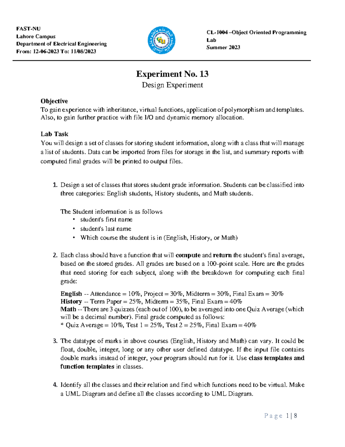 CL1004 CEA oop summer 23 - ####### Lahore Campus ####### Department of ...