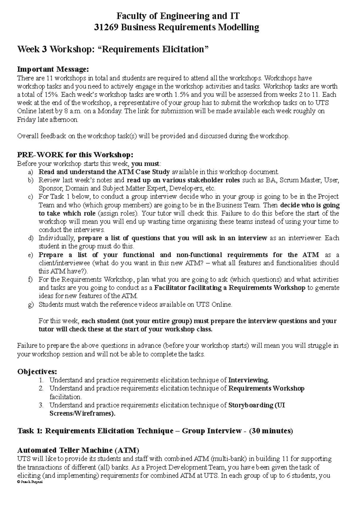 Week 3 Workshop - Requirements Elicitation - Faculty of Engineering and ...