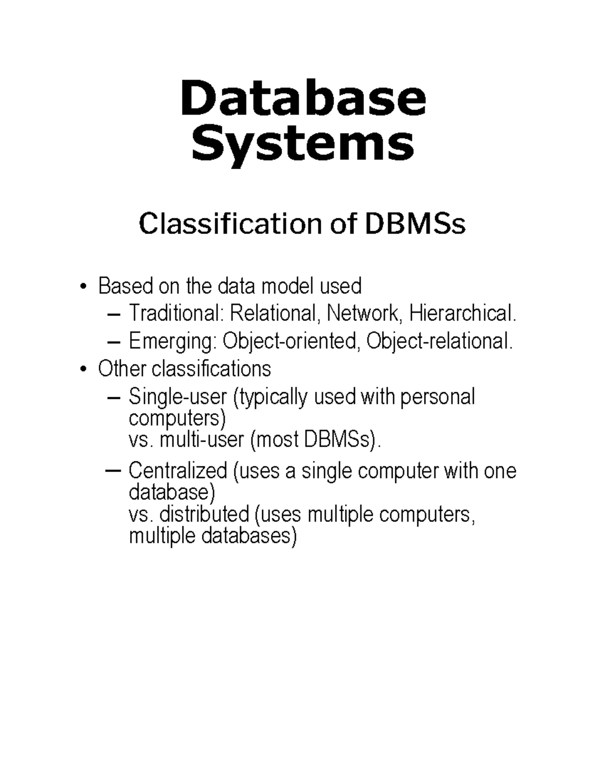 Database Systems Structure Database Systems Classification Of Dbmss Based On The Data Model