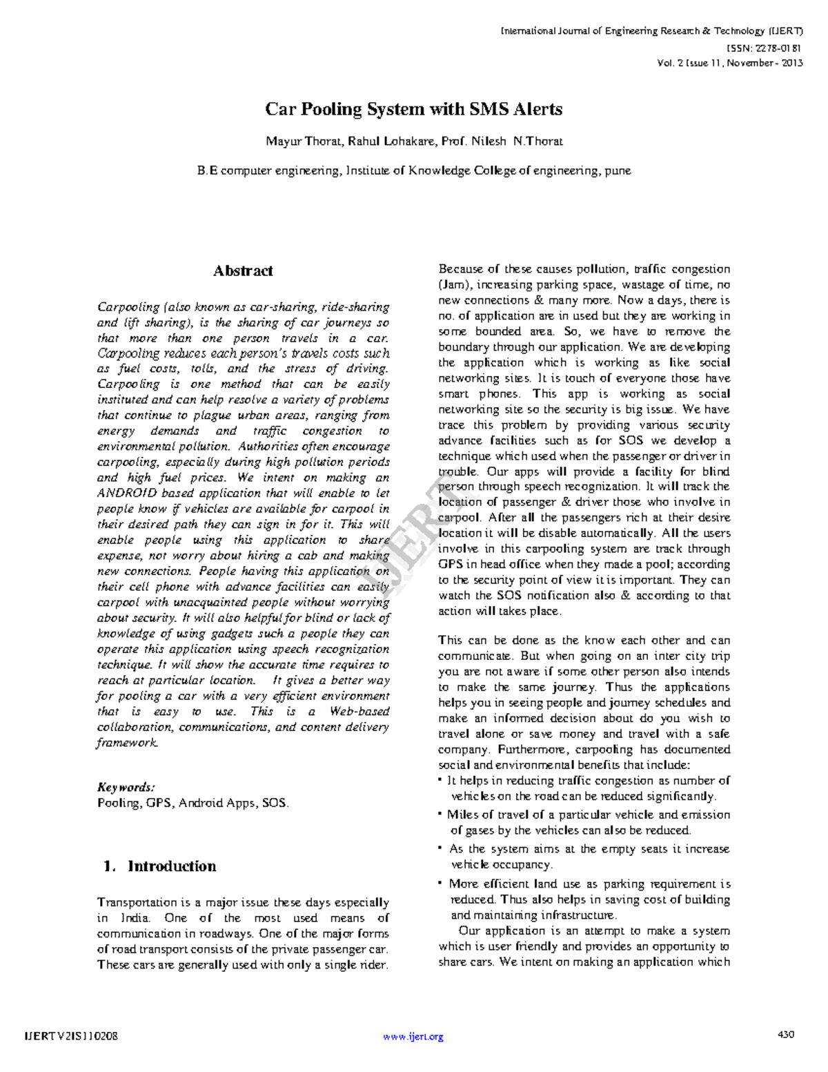 Car pooling system with sms alerts Ijertv 2IS110208 - Car Pooling System with SMS Alerts Mayur ...